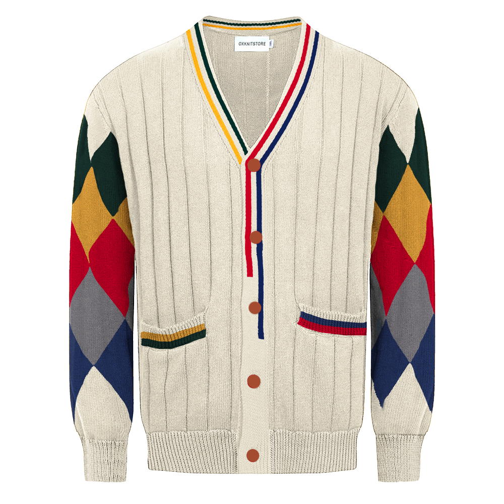 OXKNIT Men Vintage Clothing 1960s white apricot diamond check cardigan ...