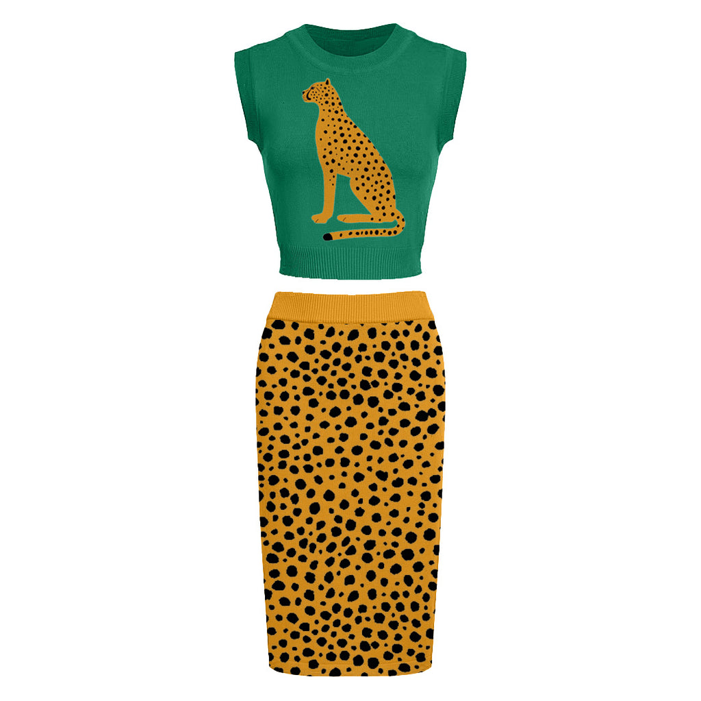 Women's Green Leopard Print Knit Set with Cheetah Graphic Women's Green Leopard Print Knit Set with Cheetah Graphic