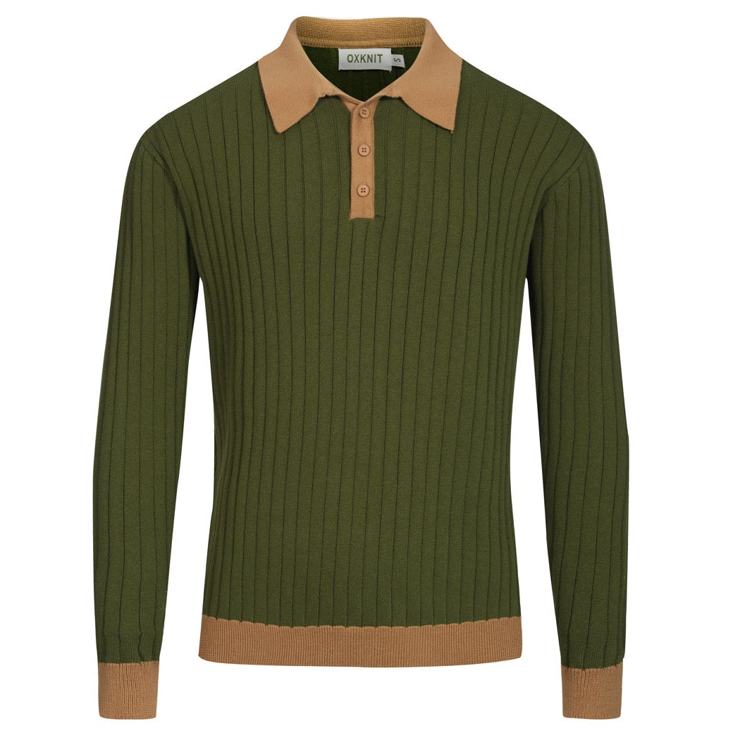 Men's green vintage pothole knit V-neck polo shirt – OXKnit