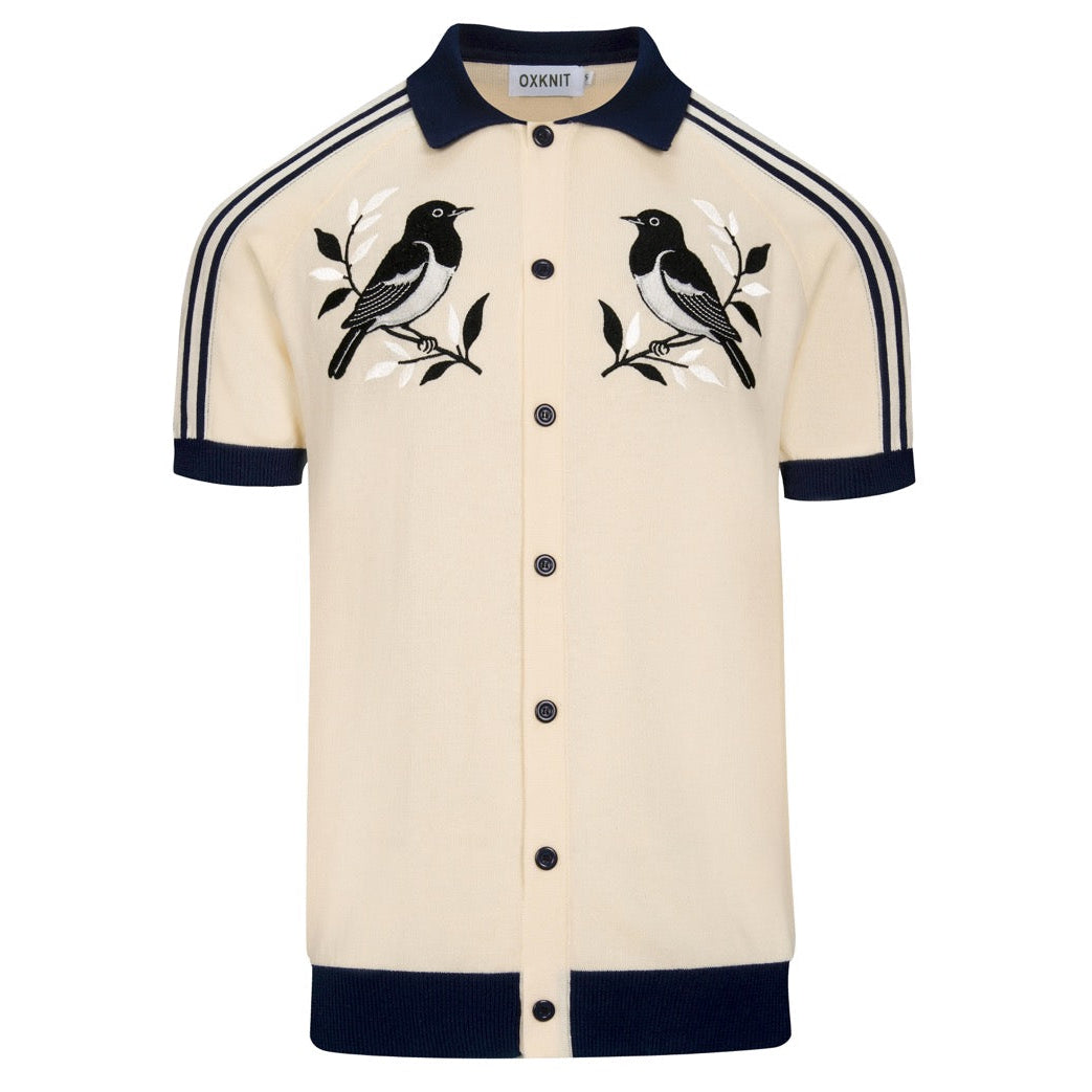 Men's Apricot White Vintage Striped Bird Embroidered Knitted Cardigan ...