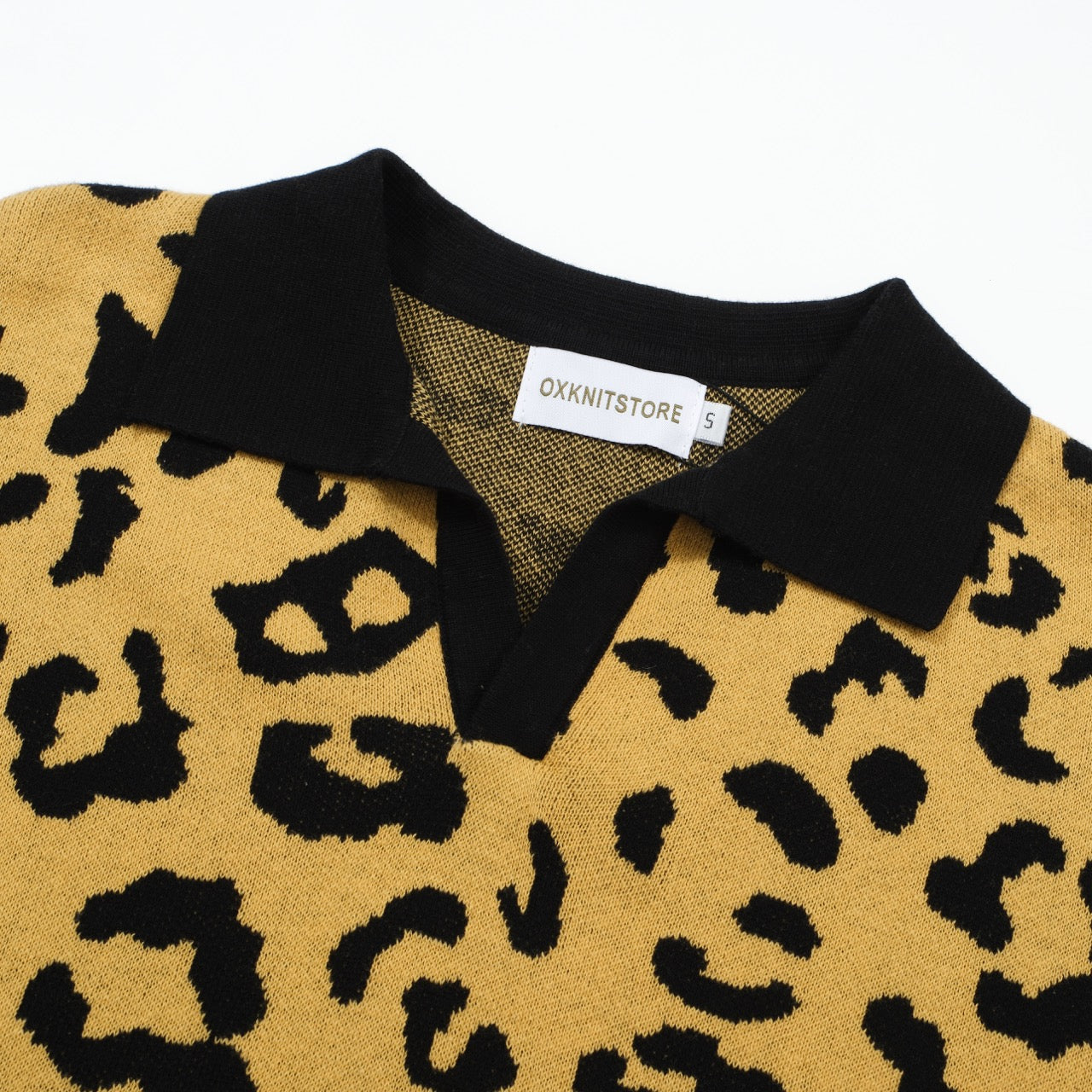 Men's 60s Leopard Print Knit Polo Shirt | Bold Yellow Retro Top – OXKnit