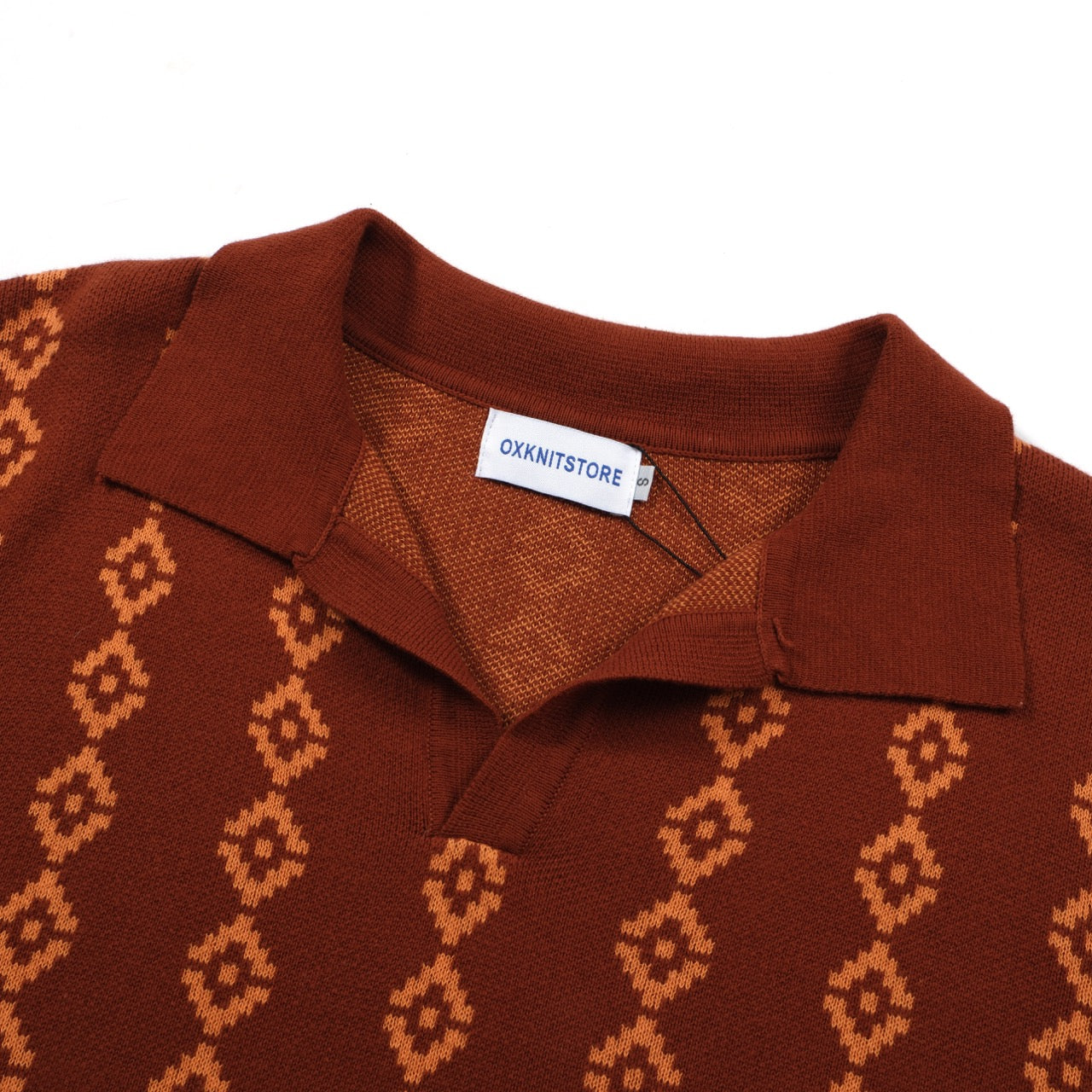 Men's 70s Knit Polo – Rust Orange Retro Geometric Shirt – OXKnit