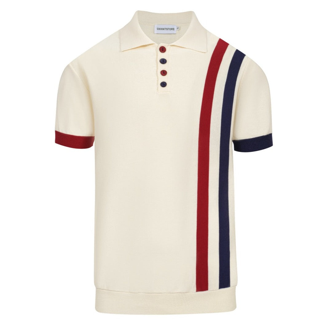Men’s Vintage 1970s Knit Polo Shirt | Retro Cream with Red & Navy ...